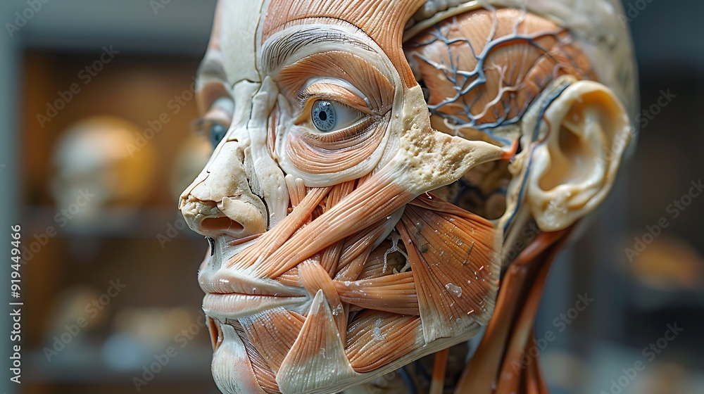 Gross anatomy of human face including muscles bones and skin layers ...