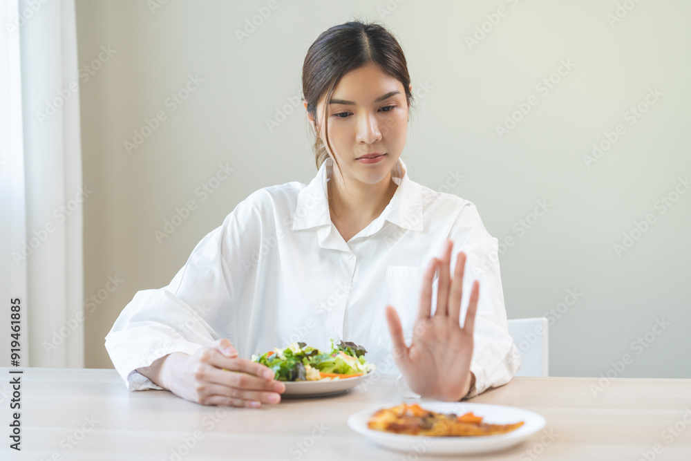 Diet concept, asian young woman close up hand push out away Pizza ...
