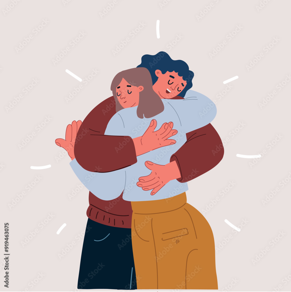 Cartoon vector illustration of Happy young woman hugging each other ...