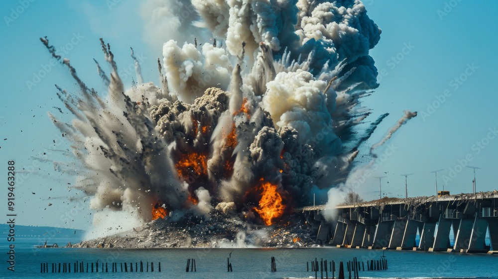 A powerful explosion sends debris and smoke into the air, destroying a ...