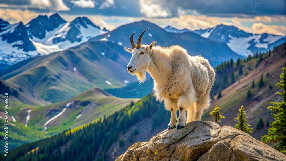 Majestic mountain goat with curved horns and shaggy coat perches on a ...