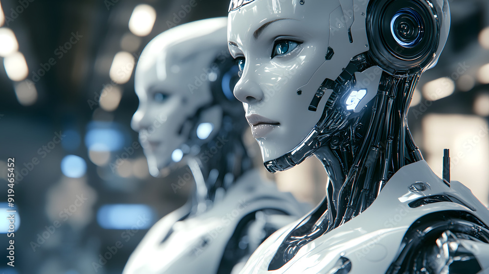 Futuristic humanoid robots with advanced artificial intelligence in a ...