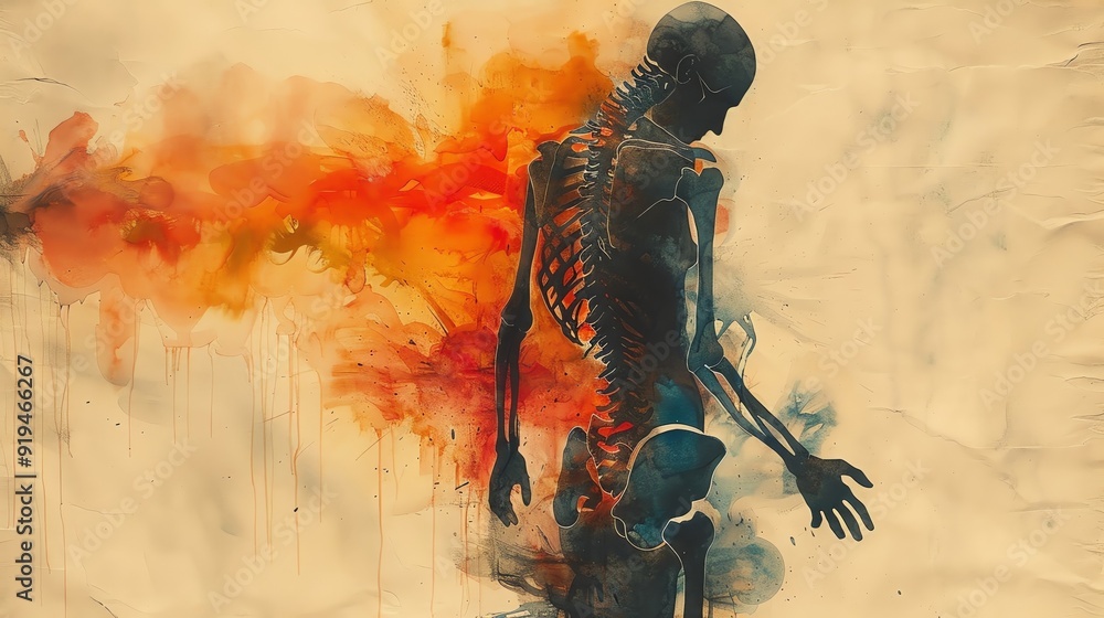 Abstract art of a skeleton against a vibrant watercolor background ...