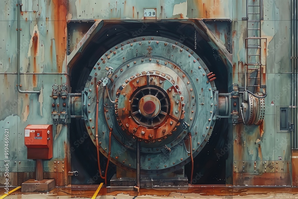 intricate details of a hydroelectric dams turbine room in a detailed ...