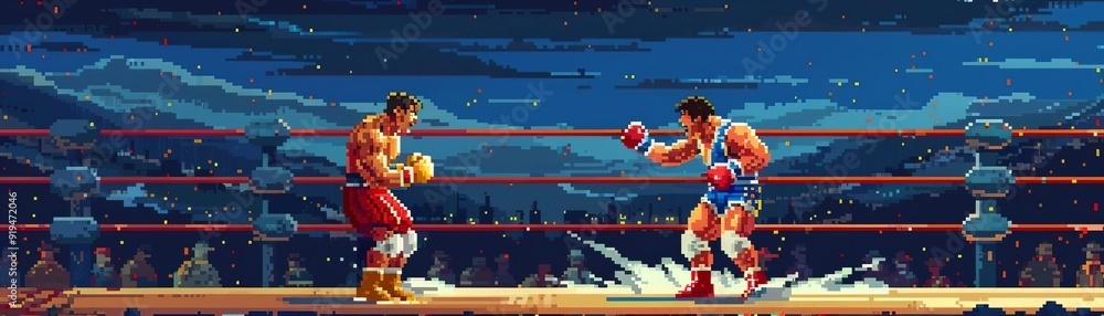 Retro 8-bit pixel art illustration of two boxers facing off in a ring ...