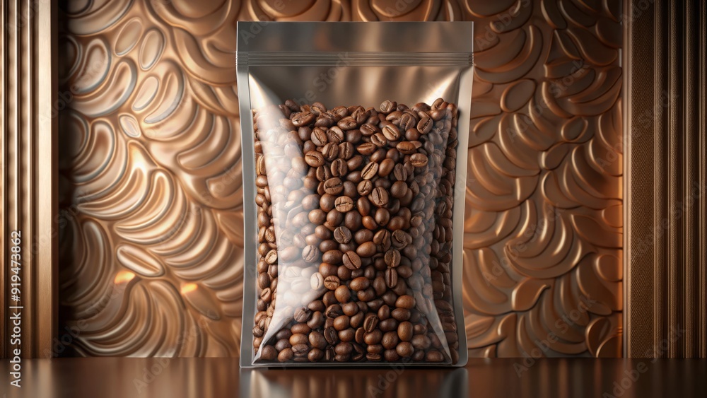 Stylish brown coffee packaging mockup with a transparent plastic window ...