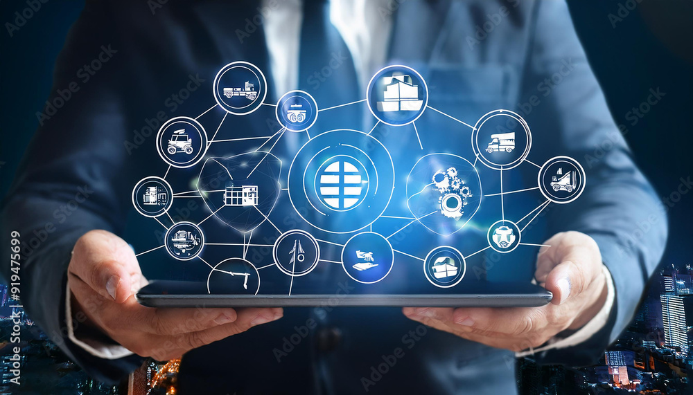 Concept of logistics and transportation. Businessman displaying an icon ...