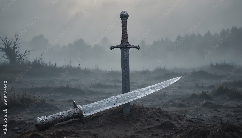 viking sword in the ground on a misty battlefield with atmospheric ...