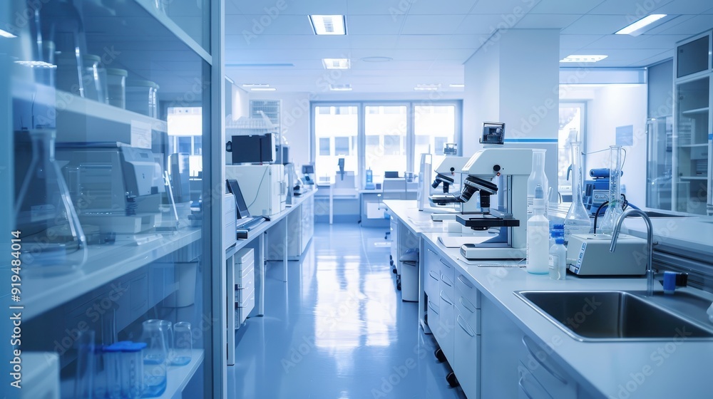 Modern, clean laboratory interior with lab equipment and workstations, showcasing a professional ...