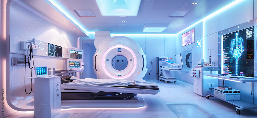 Medical futuristic lap with MRI scanner and hyperbaric oxygen chamber ...