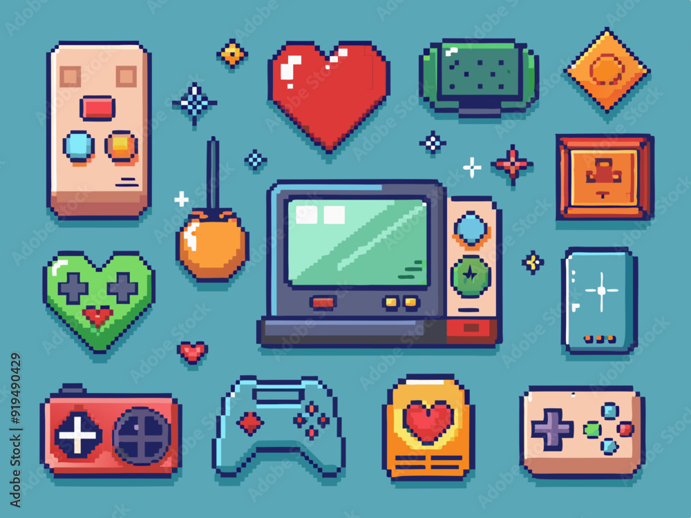 Pixel game icon. Retro video games element, arcade UI button, digital console 8-bit interface ...