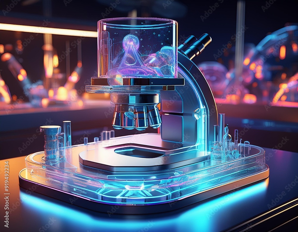 futuristic microscope sleek chrome and glass design holographic display ...