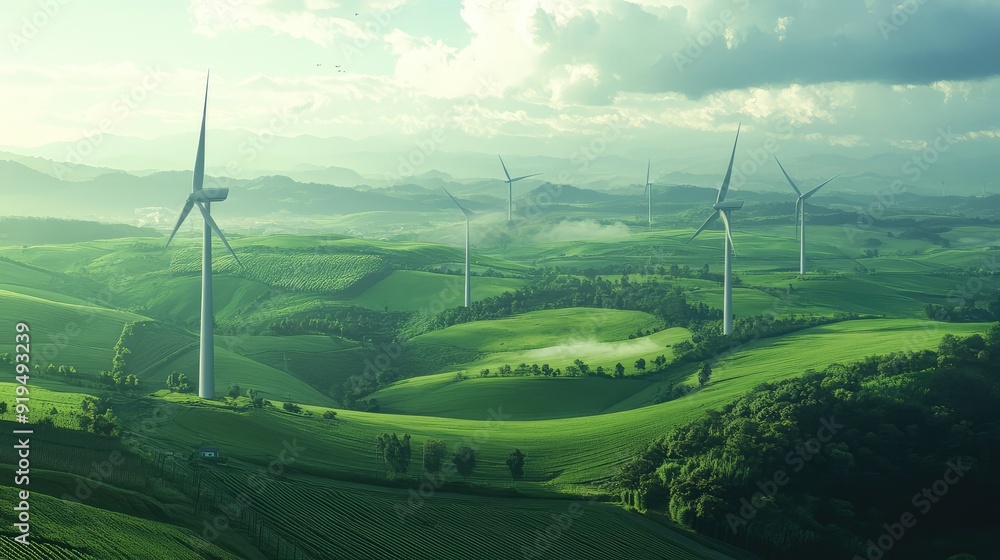 Green energy, wind turbines produce energy in green field, modern power ...