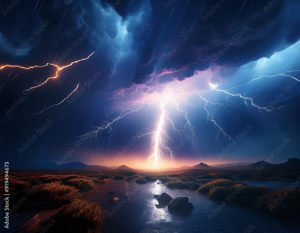 intense electric arc illuminates stormy night sky jagged bolt striking ...