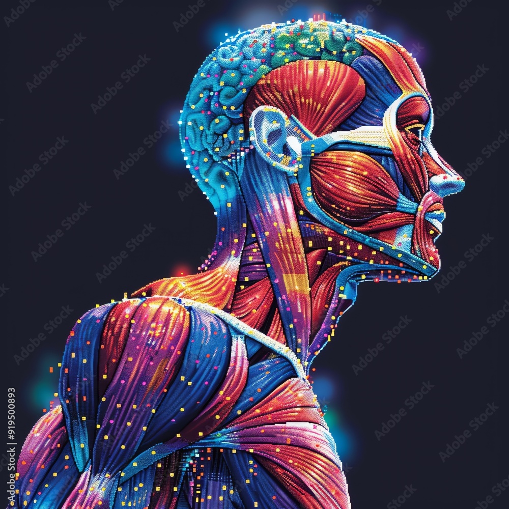 side view Muscular System in a unique pixel art style Use vibrant ...