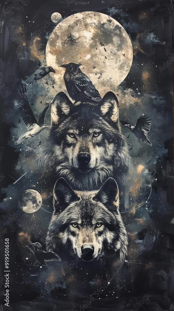 Mystical digital art of two wolves, a crow, and a full moon with a ...