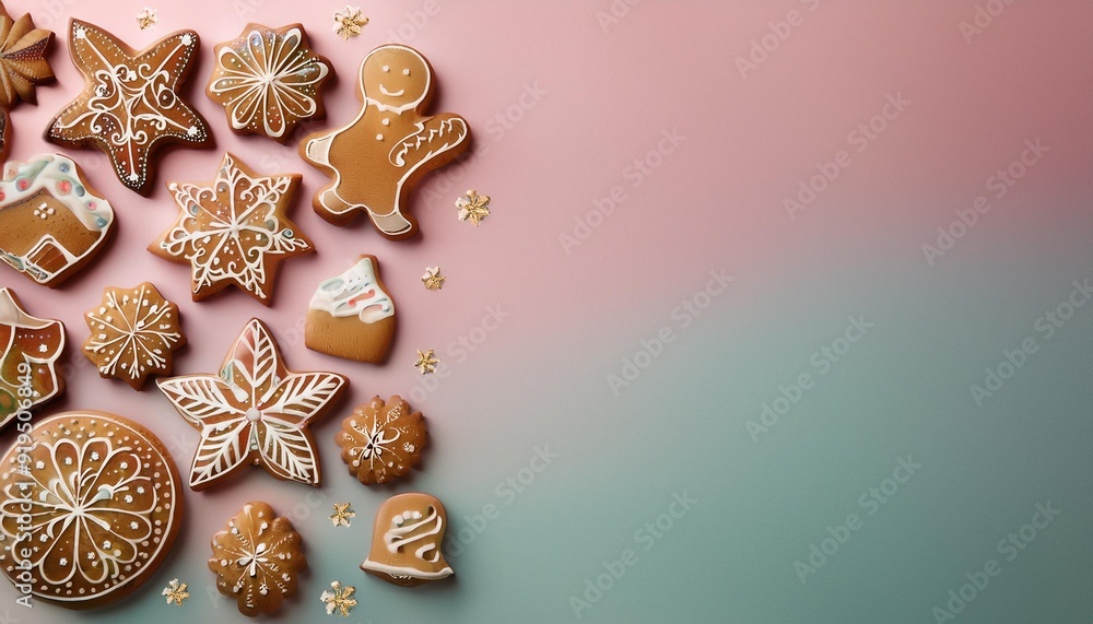 whimsical gingerbread cookies artfully arranged on pastel background ...