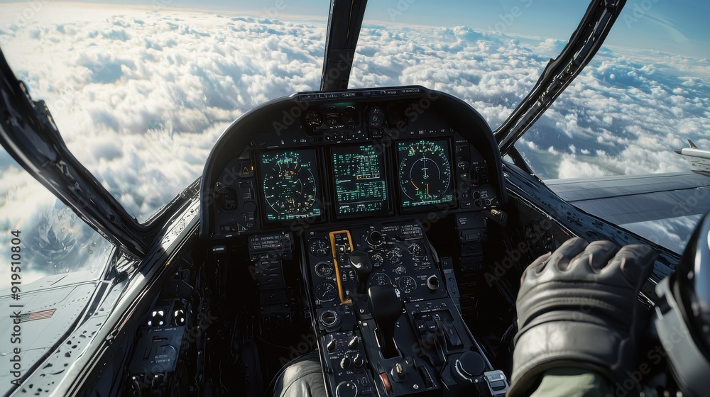 A detailed close-up of a fighter jet's cockpit, showing the pilot's ...