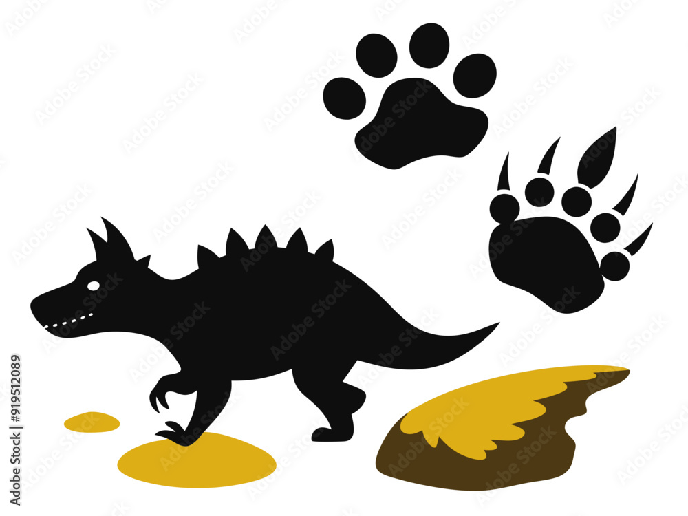 Dinosaur footprint. Black dino silhouette fossil paw print. Monster ...