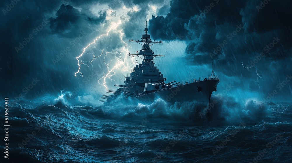 A massive battleship cruising through turbulent seas during a storm ...