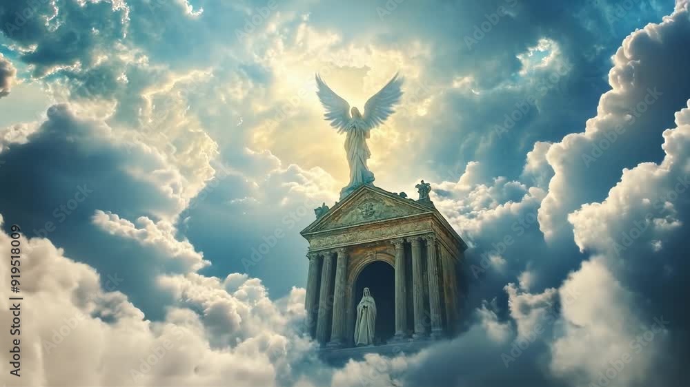 Majestic angelic statue atop a temple surrounded by heavenly clouds in ...