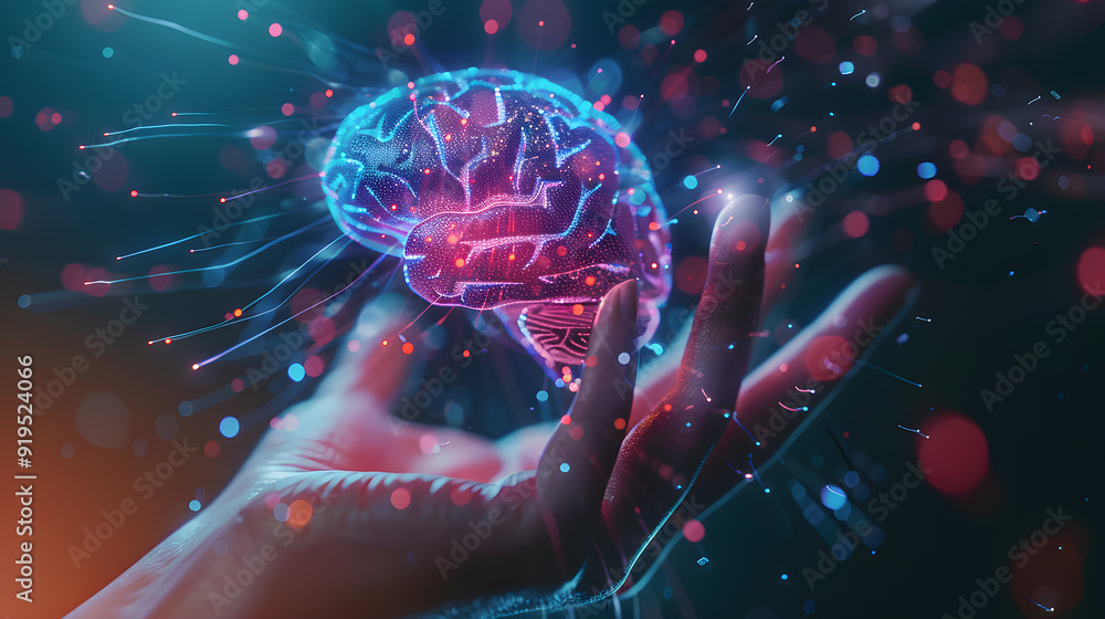Hand Holding Digital Brain Concept, A futuristic representation of a ...