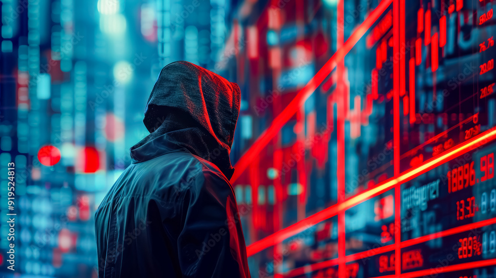Hacker in a dark hoodie facing a futuristic digital screen filled with ...