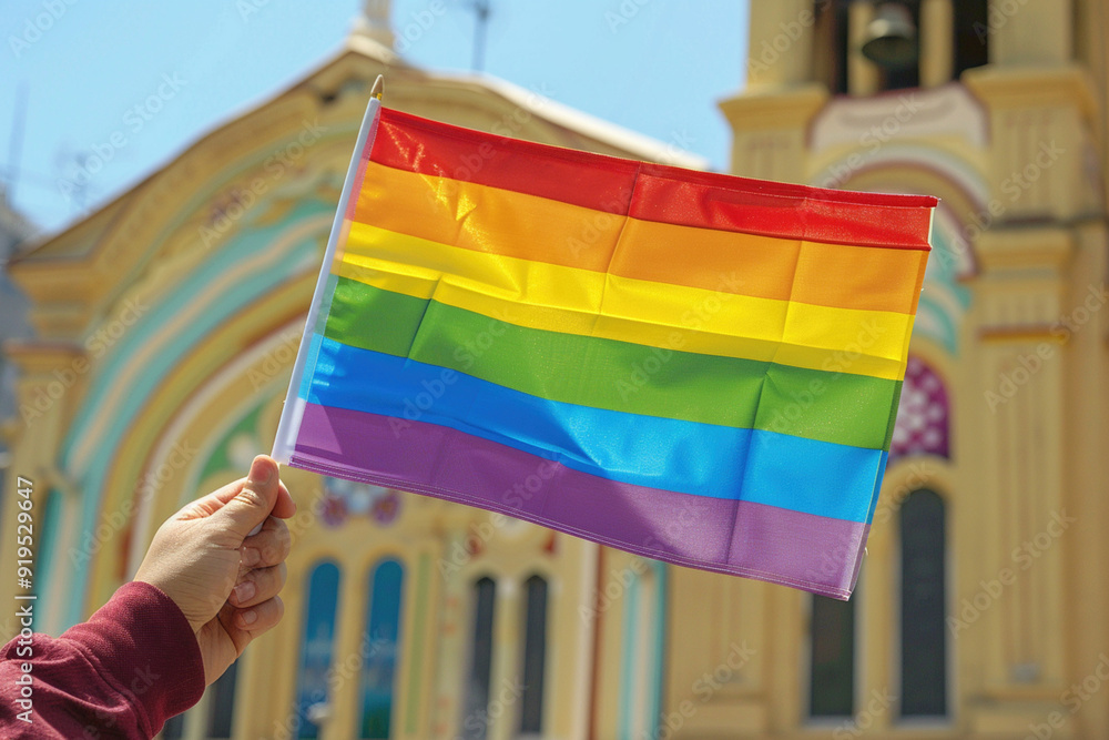 Religion church belief faith, African American holds LGBT flag in front ...