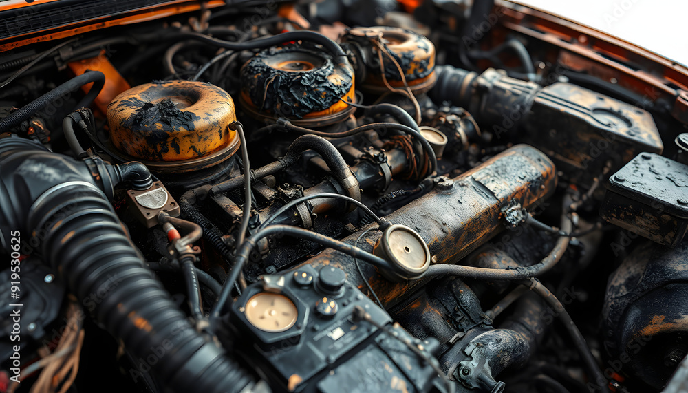 Close-up of a severely burnt car engine, highlighting charred and ...
