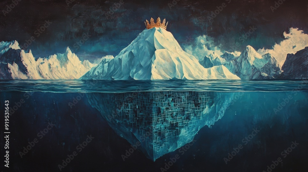 Vast ocean with a massive iceberg crowned at the top, symbolic ...