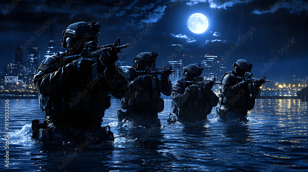 ภาพประกอบสต็อก Navy SEALs Night Infiltration: Create an epic scene of Navy SEALs in full ...