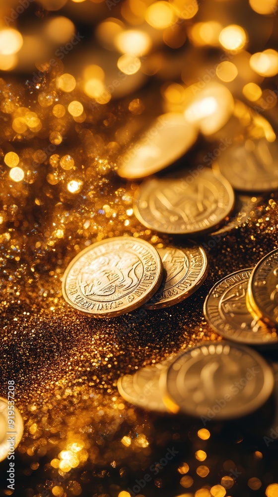 Gold coins surround an elegant price list, creating a lavish display of ...
