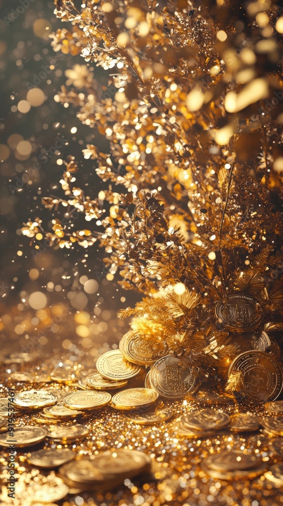 A lavish arrangement of gold coins and shimmering topaz, highlighting a ...