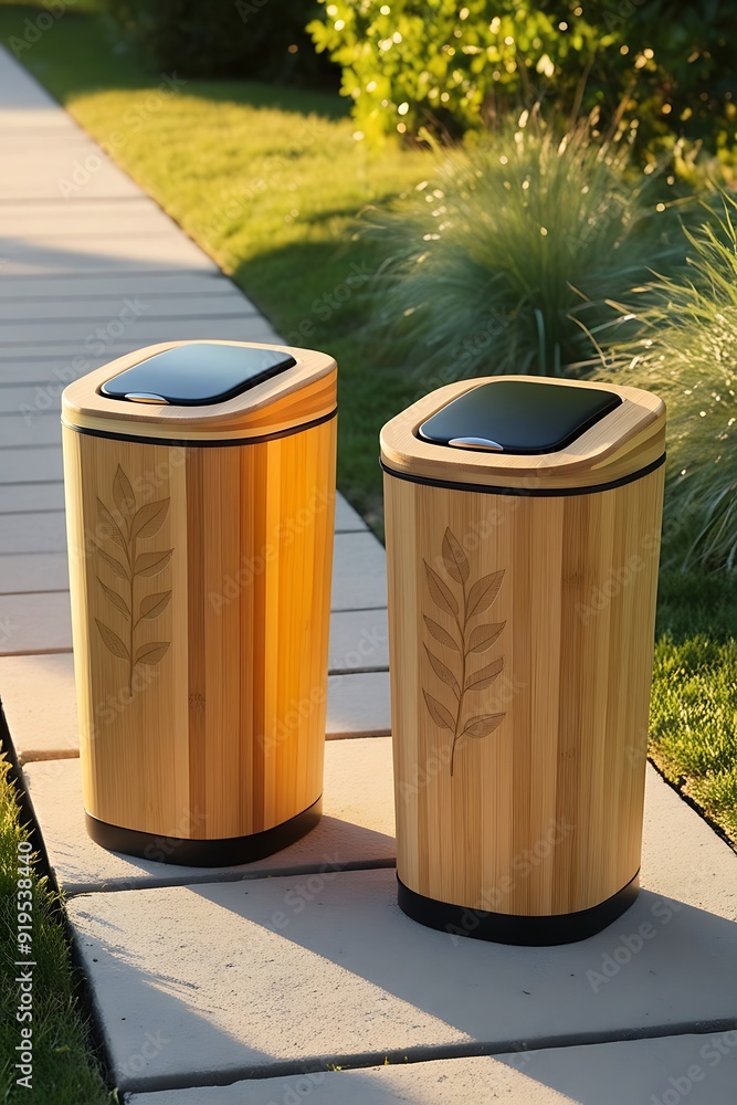 Minimalist trash bin setup against a rustic wooden . garbage containers ...