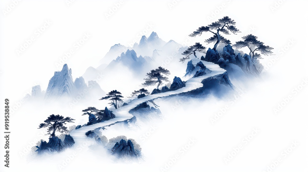 Winding Mountain Path, an intricate Chinese ink brush painting ...
