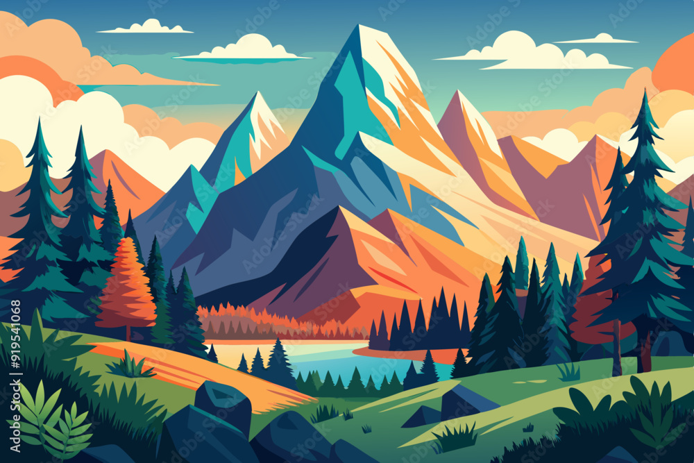 Hand drawn vector nature illustration with mountains and forest on ...