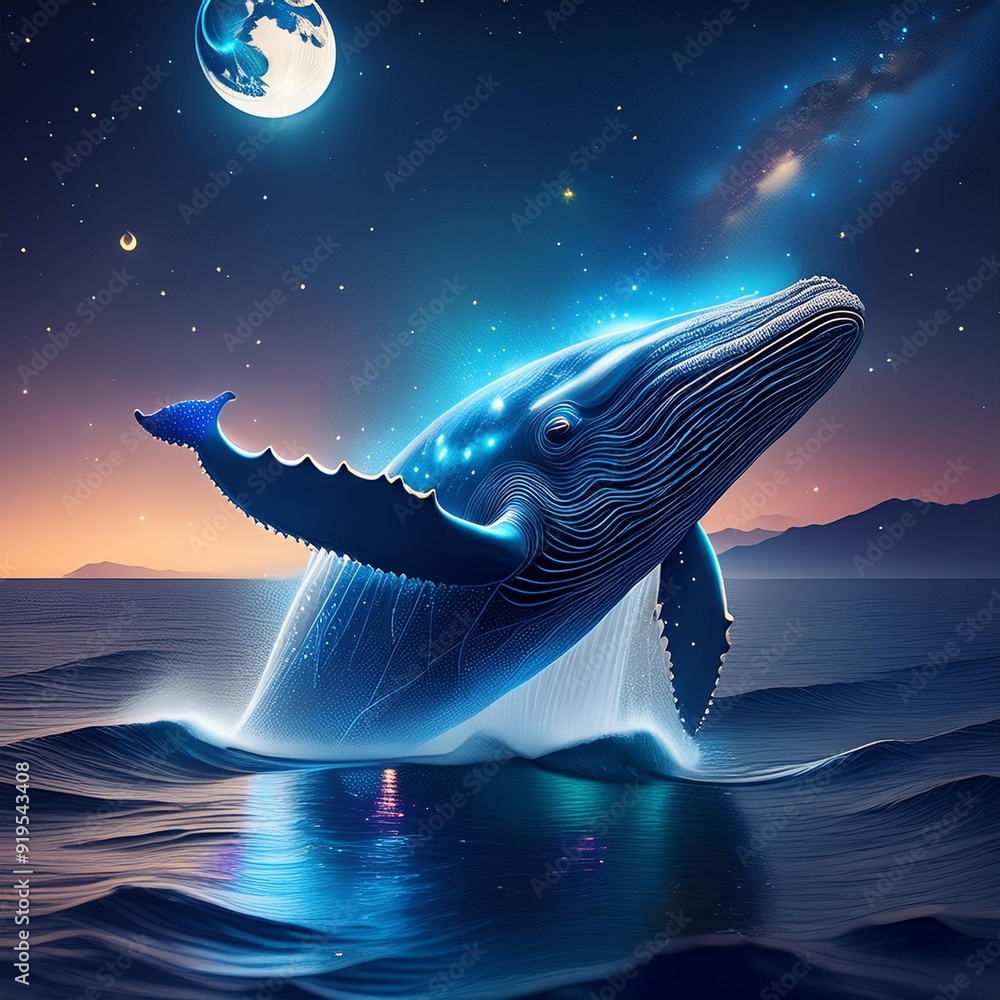 enormous luminescent blue whale breaching ocean surface under starry ...