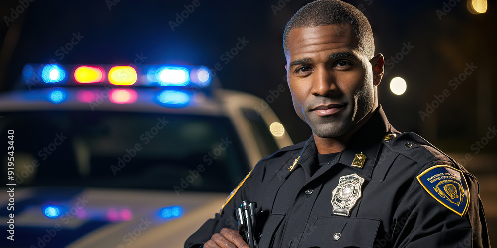 African American Male Police Officer Standing Confidently In Front Of
