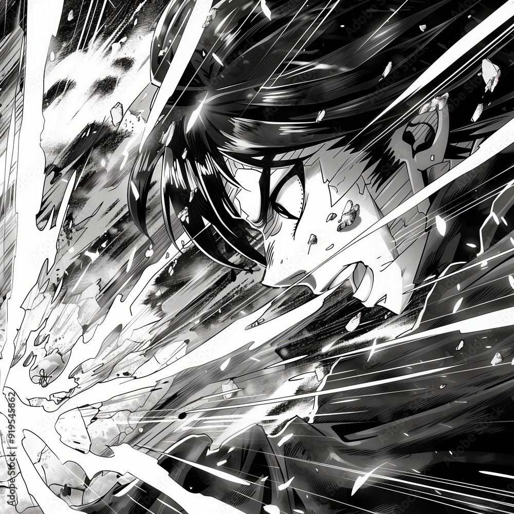 Dynamic Black and White Illustration of Character Releasing Powerful ...