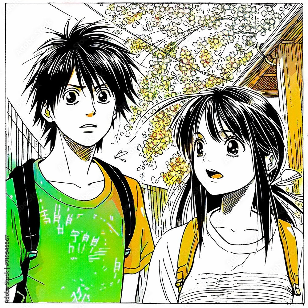 Colorful Anime-Style Illustration of Two Characters with Backpacks ...