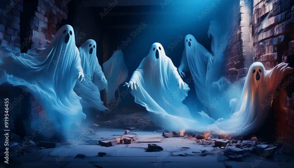 ethereal translucent ghosts emerging from a crumbling wall eerie blue ...