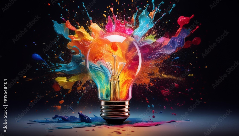 exploding light bulb releasing vibrant paint splatters against black ...