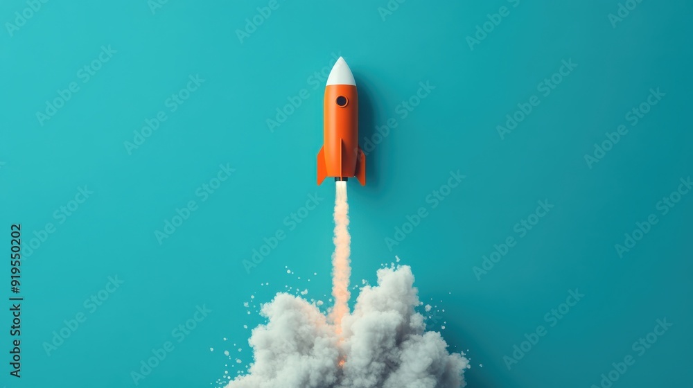 An orange rocket is captured in the moment of blast-off, its engines ...