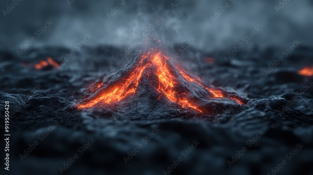 A stunning capture of an erupting volcano, with vibrant streams of molten lava breaking through ...