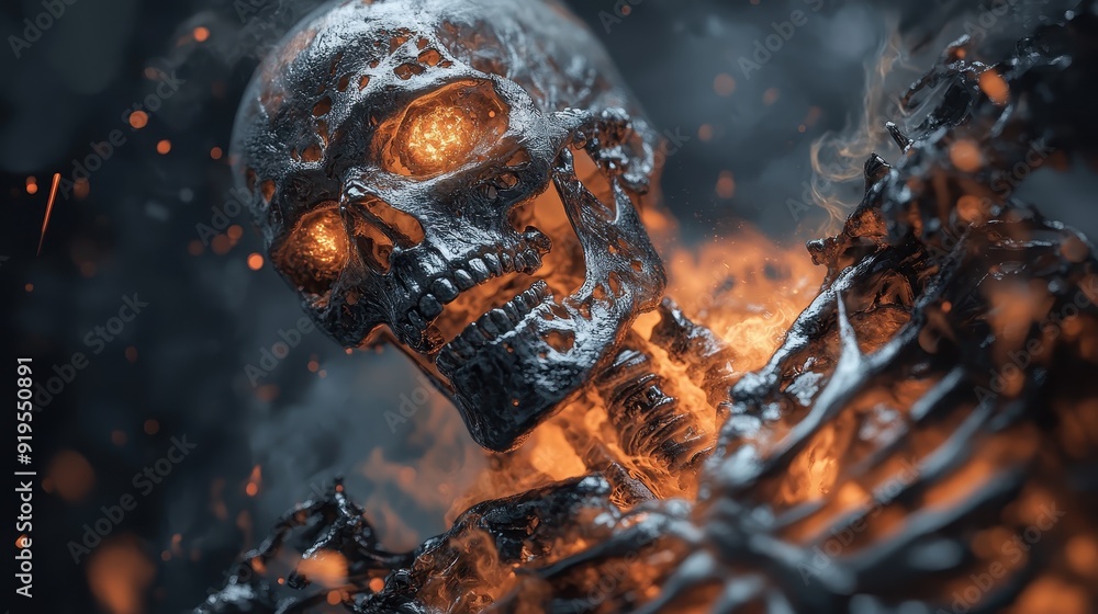 An intense depiction of a skeletal figure set ablaze, features a ...