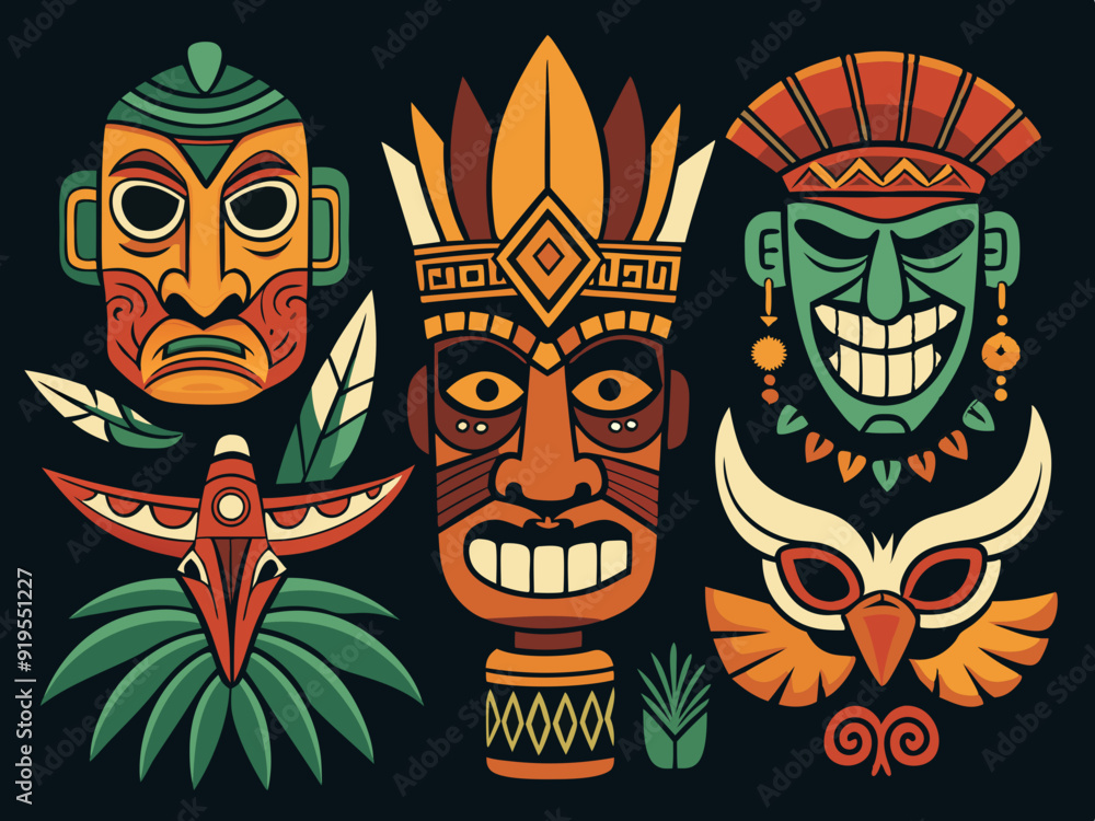 Ethnic masks. Tiki totem, voodoo african tribal head. Zulu traditional ...