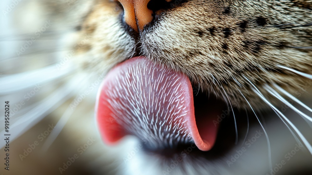 front side, Close-up of a cat's tongue, with detailed texture on the ...