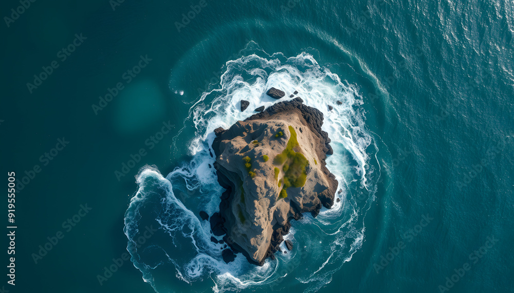 Top down aerial riser over prominent seastack in ocean pummelled with ...