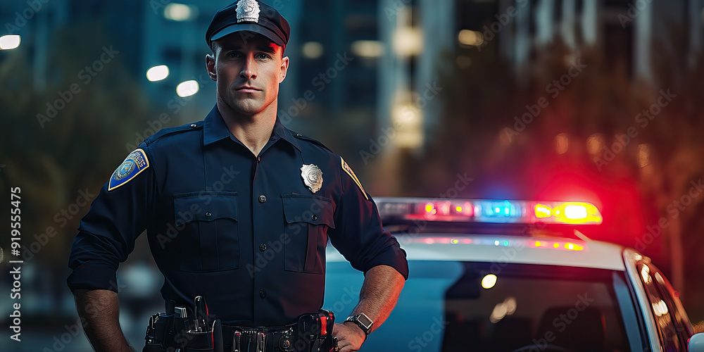 Caucasian male police officer, standing beside his patrol car, wearing ...