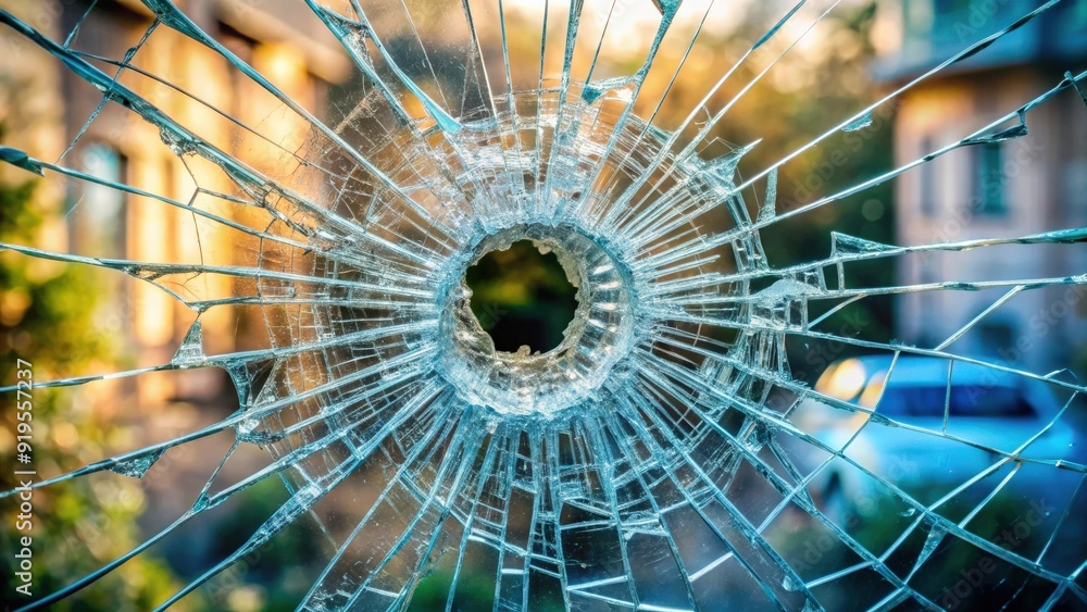 Bullet shot hole in broken window glass with circular cracks, bullet shot, hole, broken glass ...